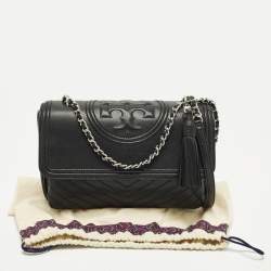Tory Burch Fleming Black Leather Distressed Flap Shoulder Bag Tory ...