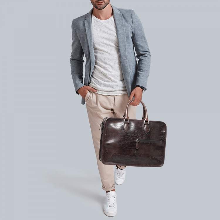 Berluti Brown Printed Leather Medium Un Jour Briefcase Berluti Brown Printed Leather Medium Un Jour Briefcase