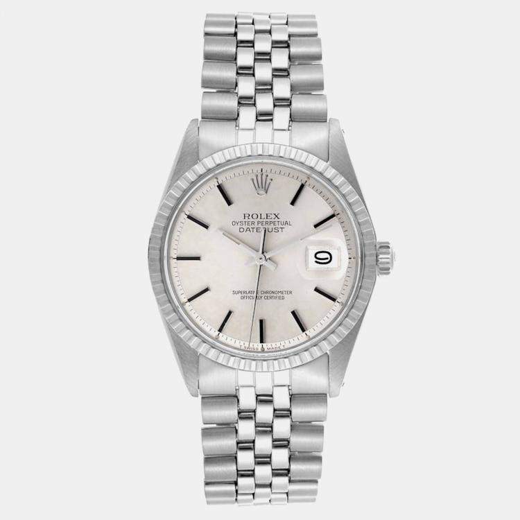 Rolex Datejust Silver Dial Engine Turned Bezel Steel Vintage Mens Watch ...