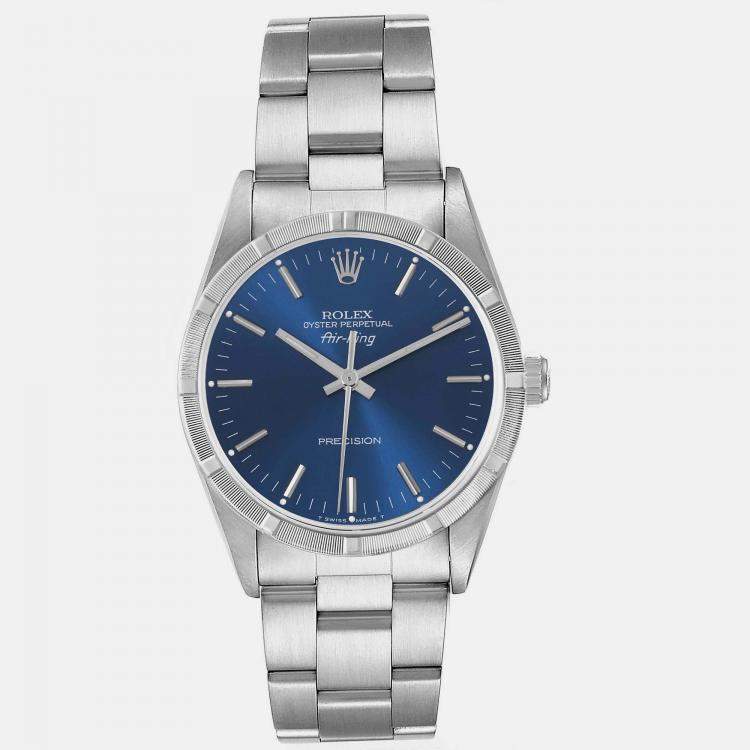 Rolex Air King Engine Turned Bezel Blue Dial Steel Mens Watch 14010 ...