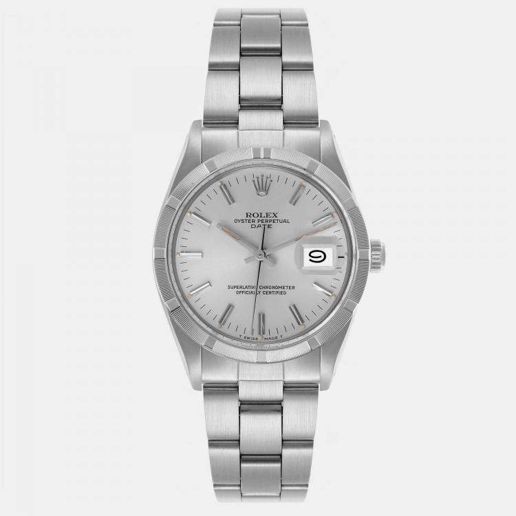 Rolex Date Steel Silver Dial Engine Turned Bezel Vintage Men's Watch ...