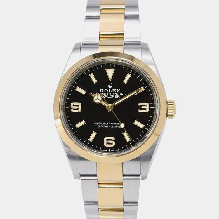 Rolex Black 18k Yellow Gold Stainless Steel Explorer Automatic Men's ...