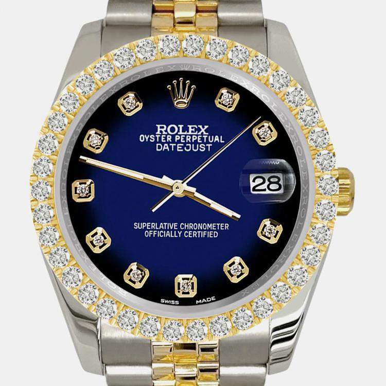 Rolex Custom Blue Vignette 3.05ct Diamonds 18K Yellow Gold Stainless ...