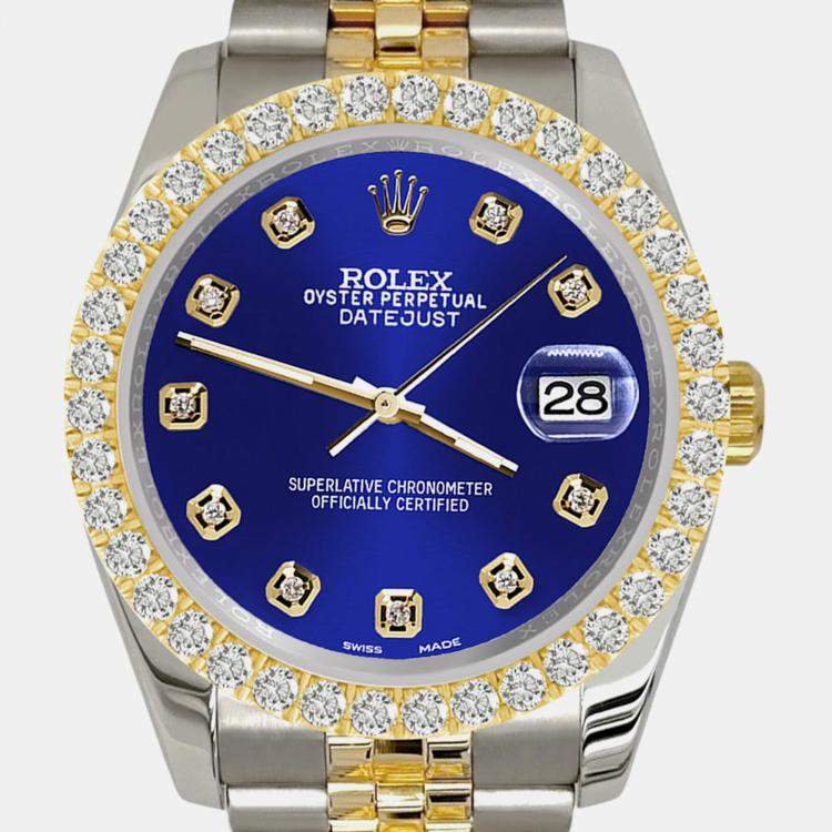 Rolex Custom Navy Blue 3.05ct Diamonds 18K Yellow Gold Stainless Steel ...