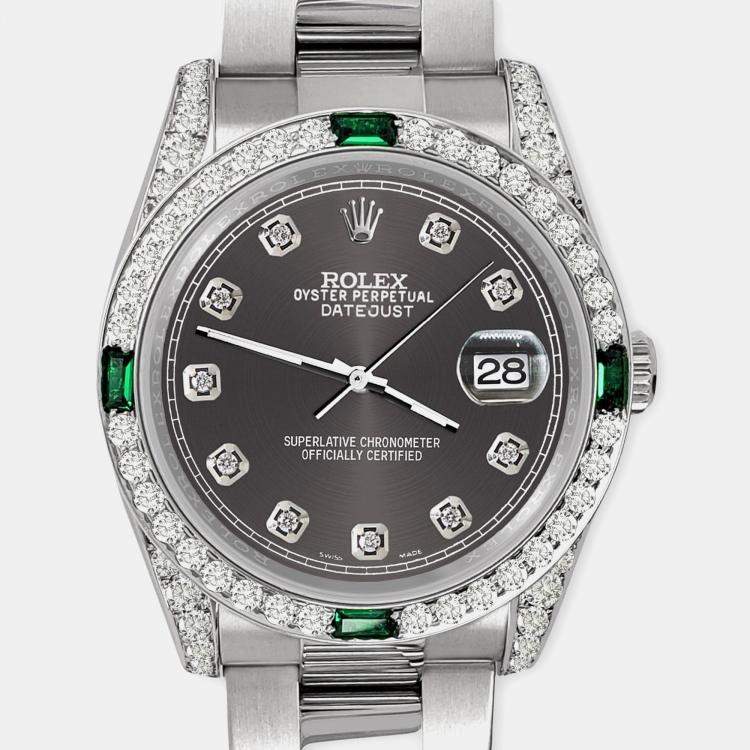 Rolex datejust 36mm steel Wristwatch diamonds emeralds bezel lugs ...
