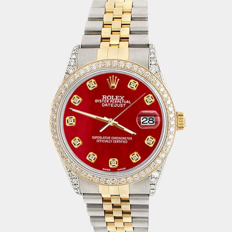 Rolex Custom Red MOP 1.4ct Diamond 18k Yellow Gold Stainless Steel ...