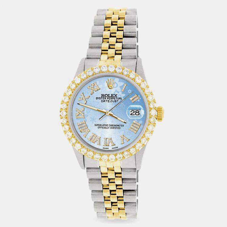 Rolex Custom Blue Flower 3.10CT Diamond 18K Yellow Gold Stainless Steel ...