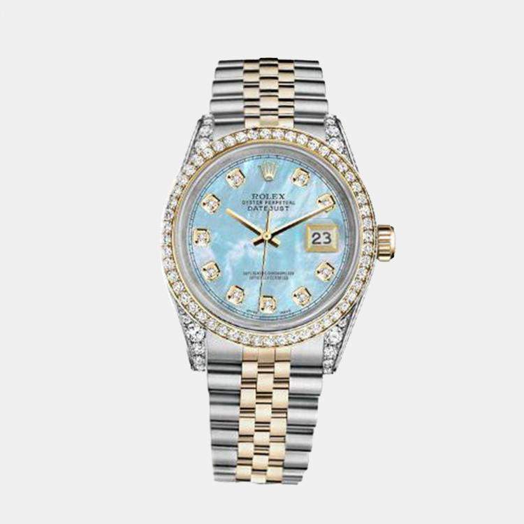 Men's Rolex 36mm Datejust Two Tone Bezel & Lugs Baby Blue MOP Mother Of ...