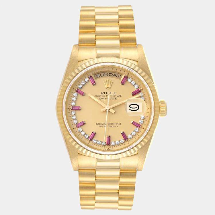 Rolex President Day-Date Yellow Gold String Diamond Ruby Dial Watch ...