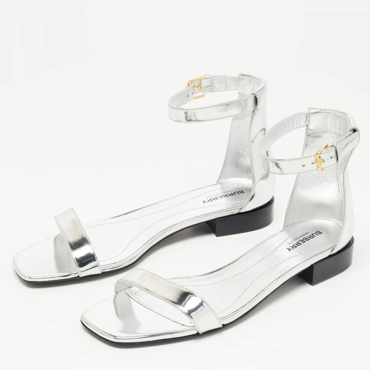 Burberry Silver Foil Leather Ankle Cuff Flat Sandals Size 41 Burberry TLC