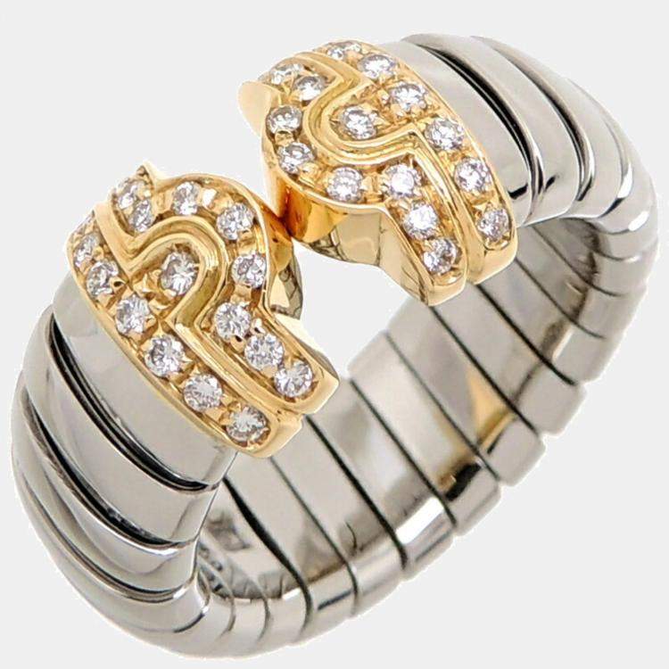 Bvlgari Tubogas 18K Yellow Gold Stainless Steel and Diamond Ring EU 53 ...