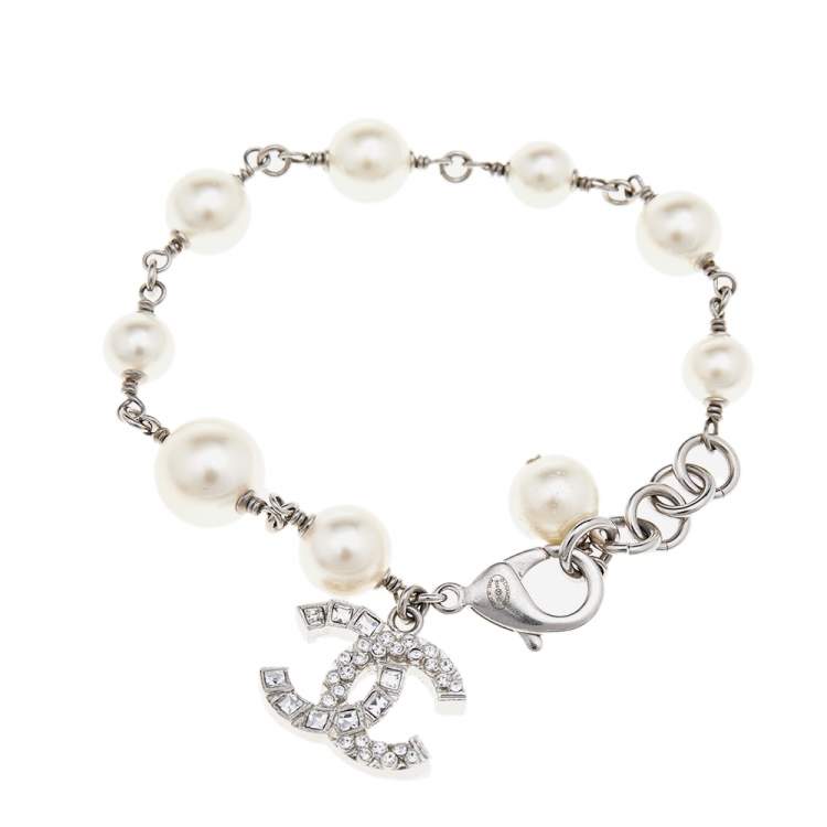 Chanel Silver Tone Pearl Crystal Embellished CC Charm Bracelet Chanel | TLC