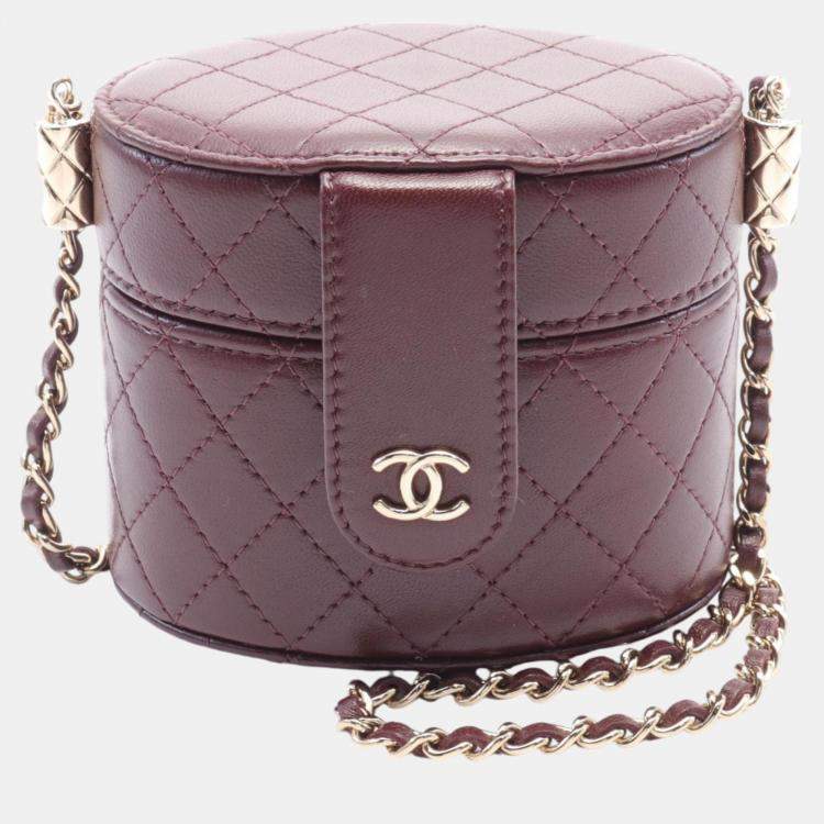 Chanel Burgundy Lambskin Quilted Mini Round Vanity Case With Chain ...