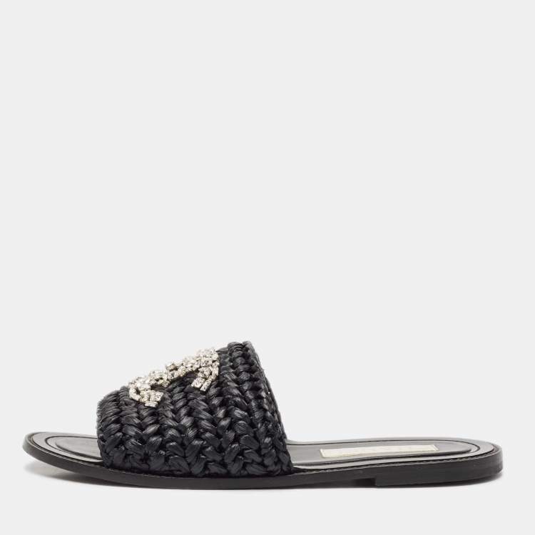 Chanel Black Braided Raffia Crystal Embellished CC Flat Slides Size 39. ...