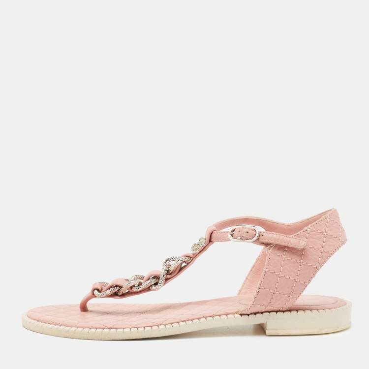 Chanel Pink Quilted Leather Chain Link Thong Flat Sandals Size 39 ...