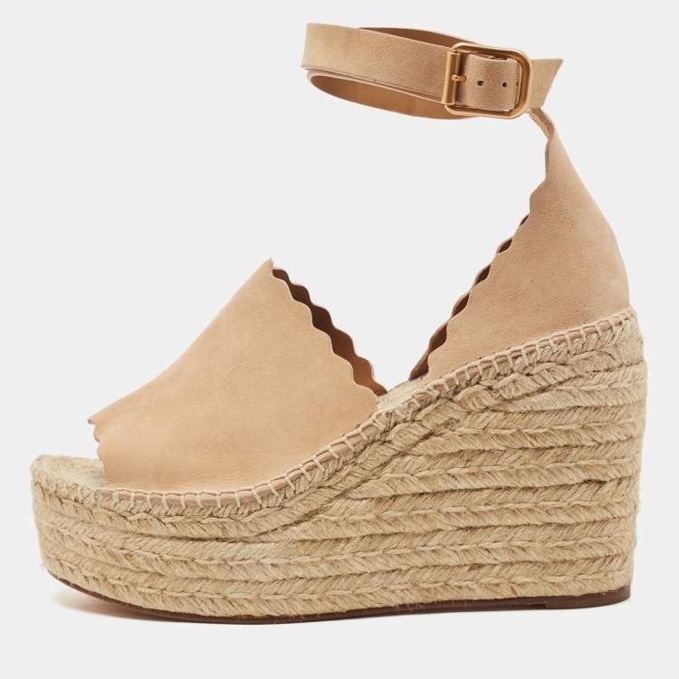 Chloe Beige Suede Scalloped Trim Lauren Ankle Wrap Flatform Espadrille ... Chloe Beige Suede Scalloped Trim Lauren Ankle Wrap Flatform Espadrille ...