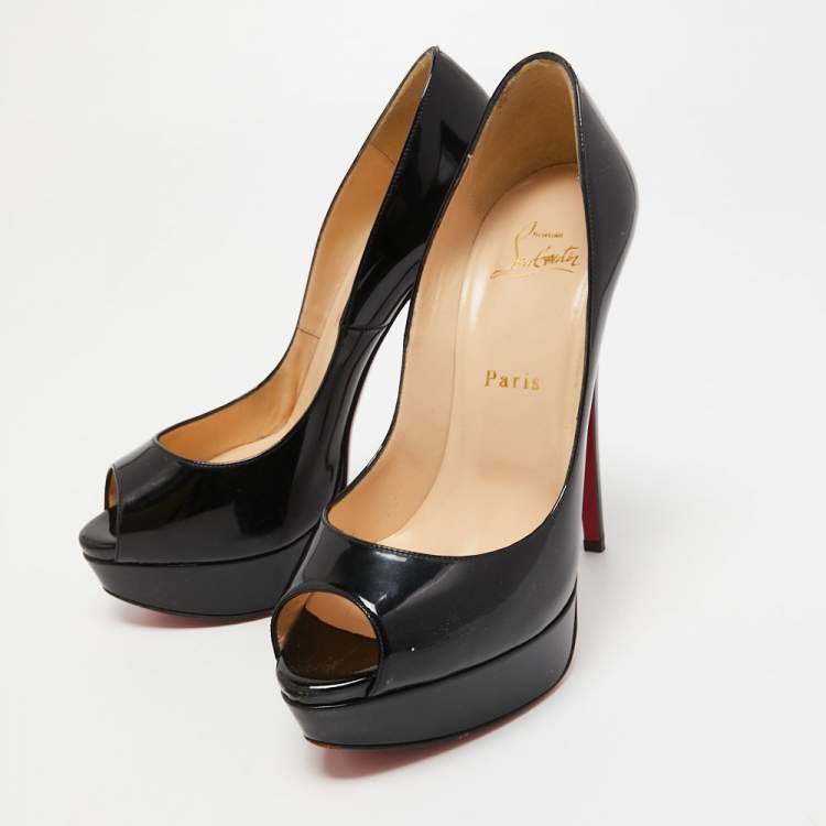 Christian Louboutin Black Patent Leather Lady Peep Platform Pumps Size ...