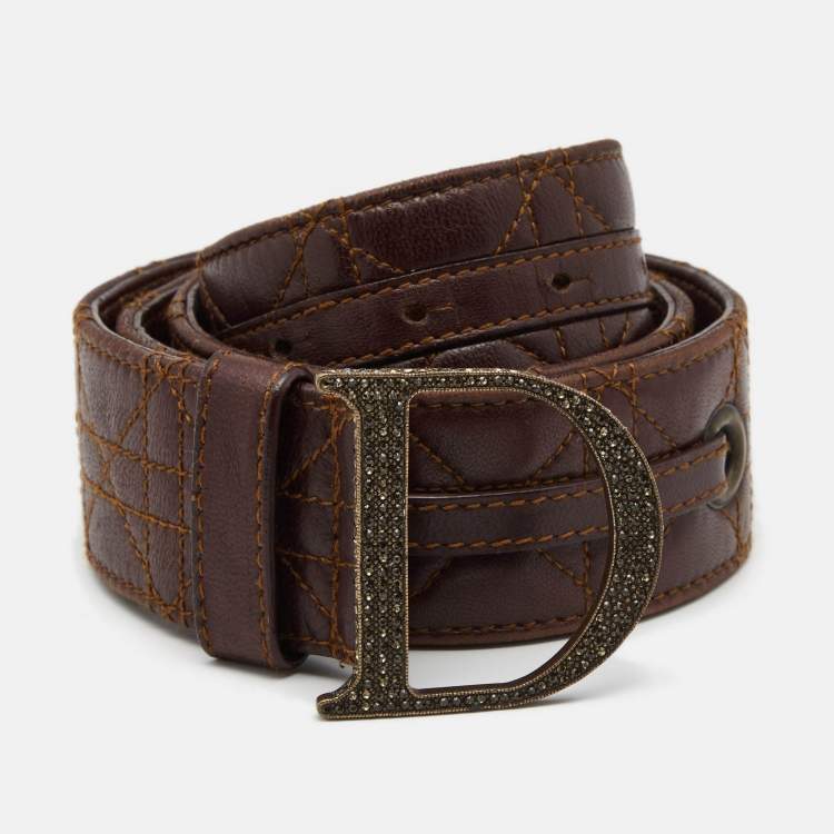 Dior Brown Cannage Leather Crystal Embellished D Buckle Belt 95CM Dior ...