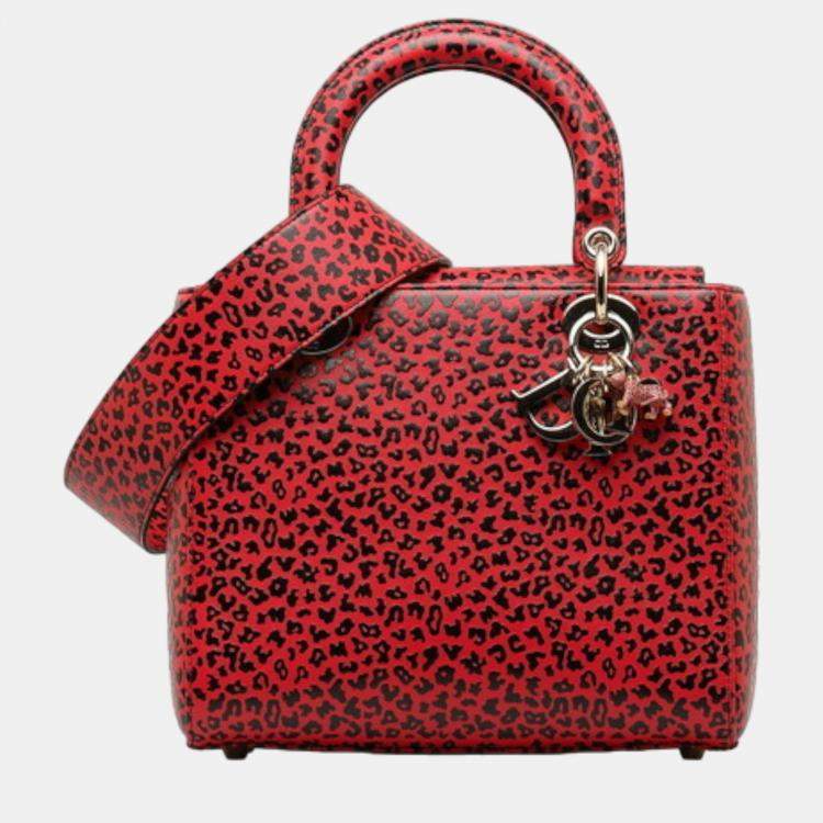 Dior Red/Black Leather Leopard Print Medium Lady Dior Top Handle Bag ...