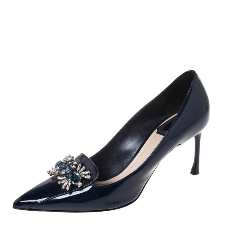 Dior Blue Patent Leather Dianeme Crystal Embellished Pointed Toe Pumps ...
