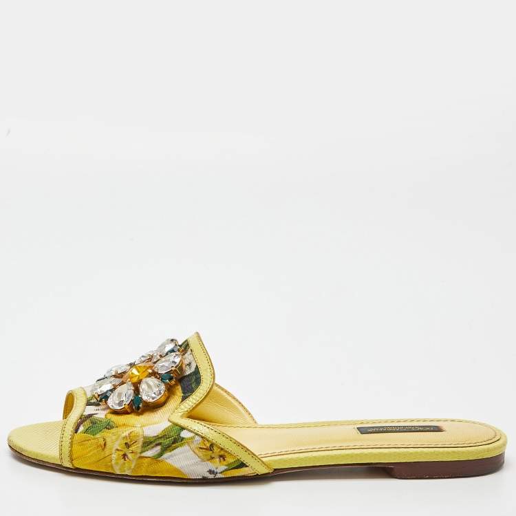 Dolce And Gabbana Yellow Floral Fabric And Lizard Embossed Leather