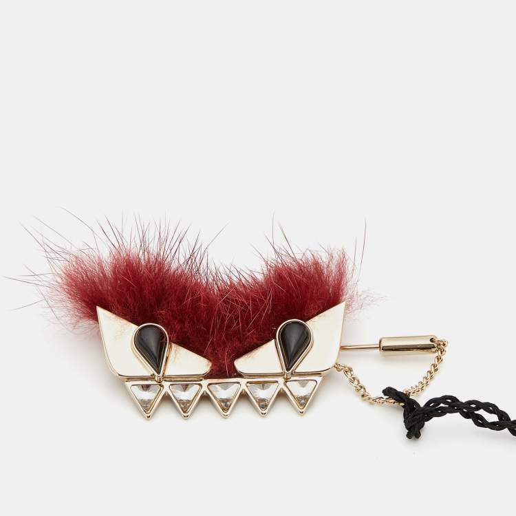 Fendi Wonders Burgundy Fur Embellished Gold Tone Monster Pin Brooch ...