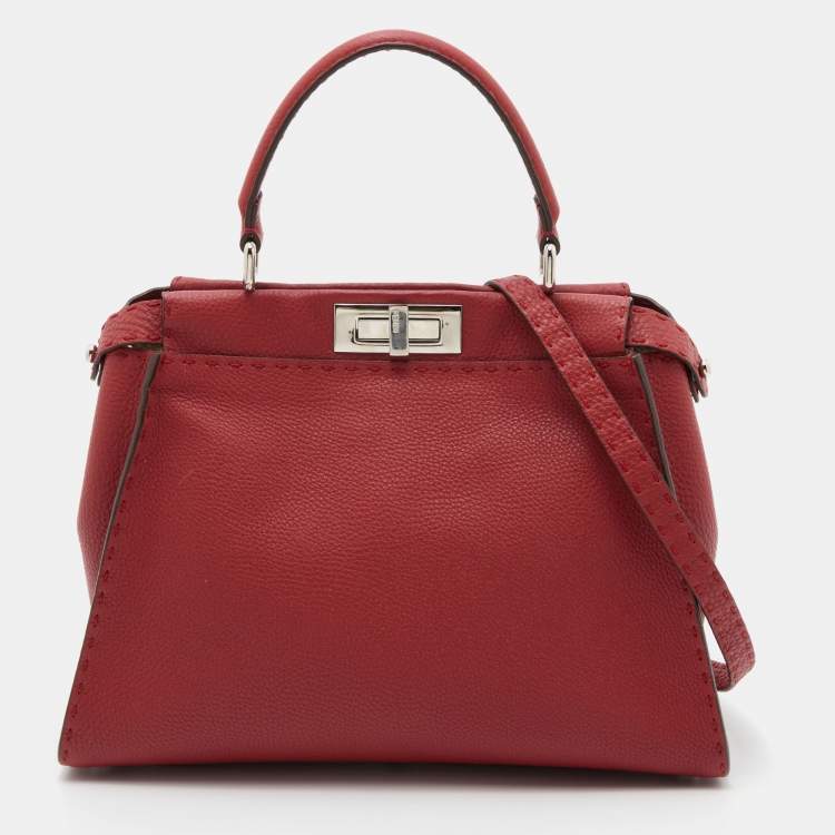 Fendi Red Selleria Leather Medium Peekaboo Top Handle Bag Fendi The