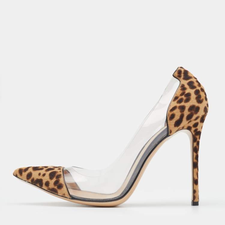 Gianvito Rossi Beige Brown Leopard Print Calf Hair And Pvc Plexi Pumps