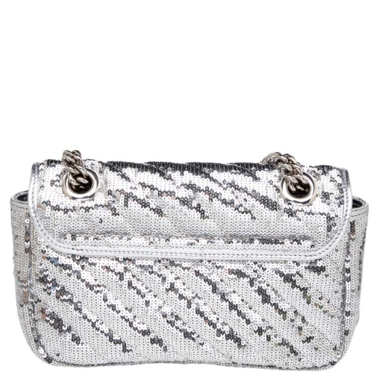 Gucci Silver Diagonal Sequins And Leather Mini GG Marmont Shoulder Bag ...
