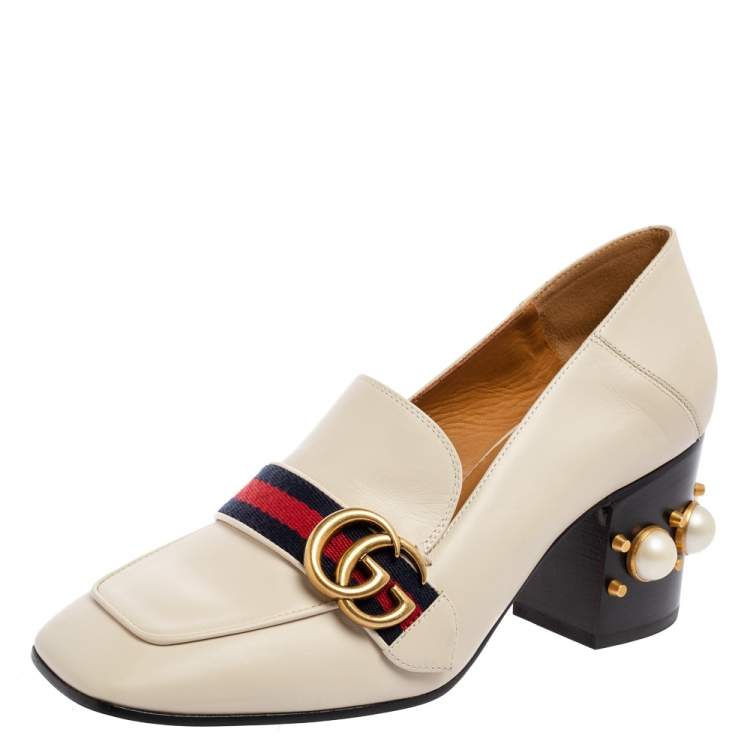 Gucci Beige Leather Peyton GG Marmont Web Crystal Embellished Block ...