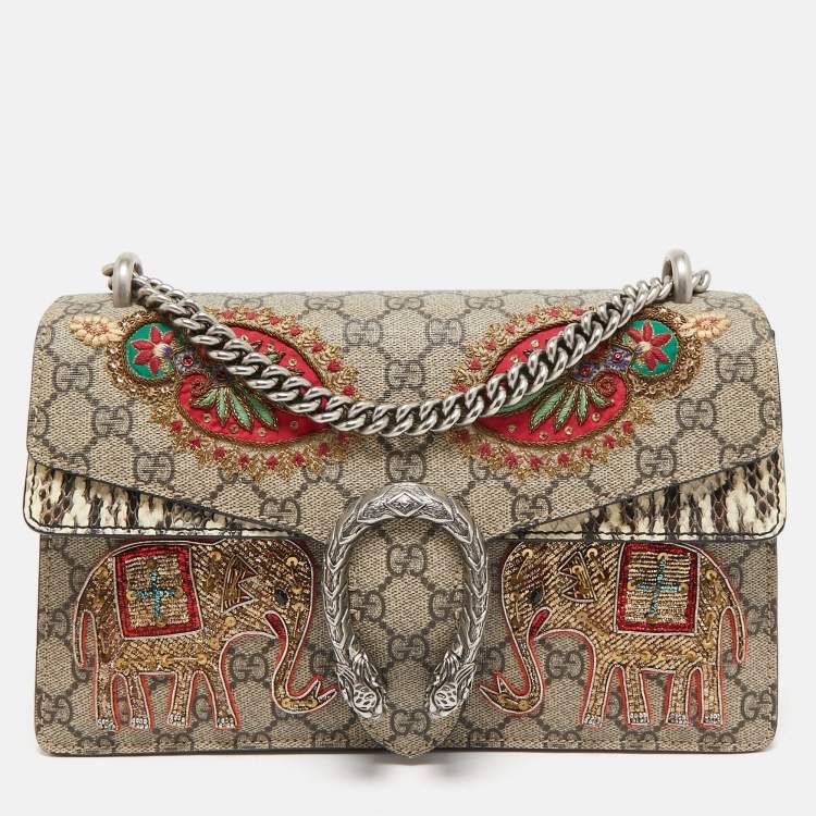 Gucci Beige GG Supreme Canvas and Watersnake Small Elephant Embroidered ...
