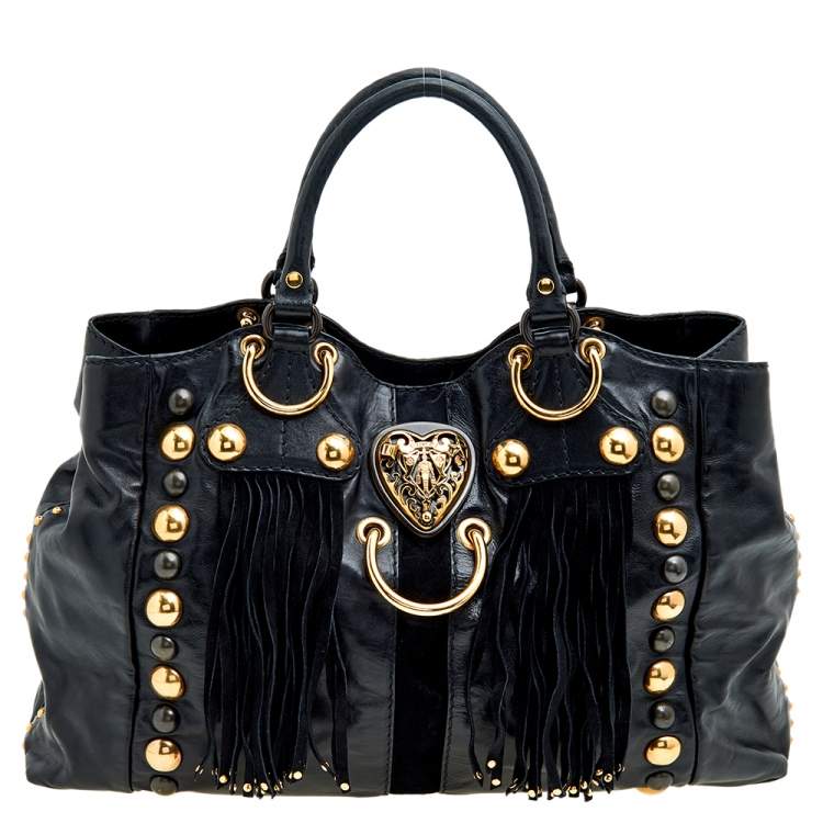 Gucci Black Leather And Suede Large Studded Fringe Babouska Tote Gucci ...