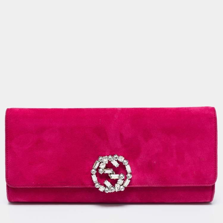 Gucci Pink Suede Interlocking G Crystal Embellished Broadway Clutch ...