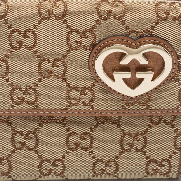 Gucci Beige/Bronze GG Canvas And Leather Lovely Heart Compact Wallet ...