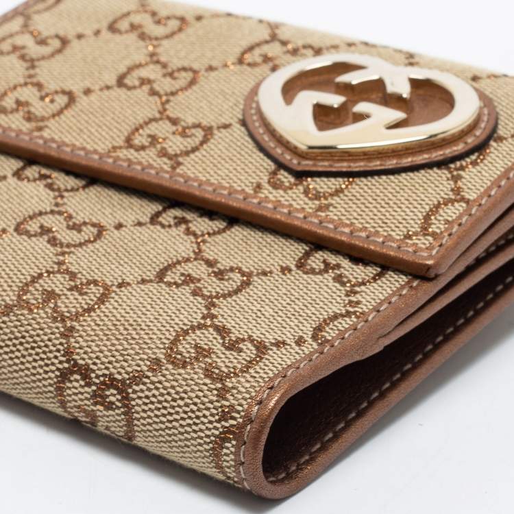 Gucci Beige/Bronze GG Canvas And Leather Lovely Heart Compact Wallet ...