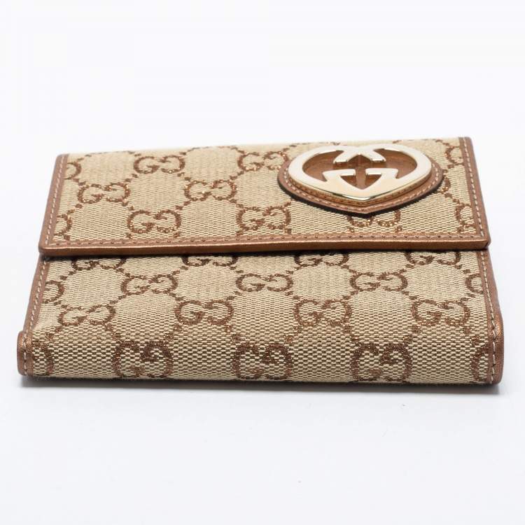 Gucci Beige/Bronze GG Canvas And Leather Lovely Heart Compact Wallet ...