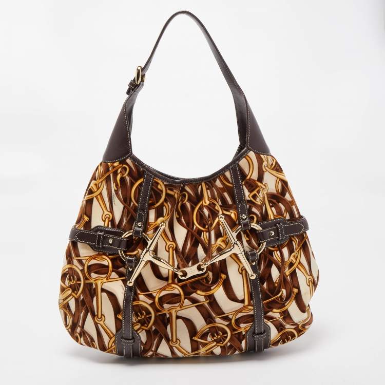Gucci Dark Brown/Beige Leather And Horsebit Print Velvet 85th ...