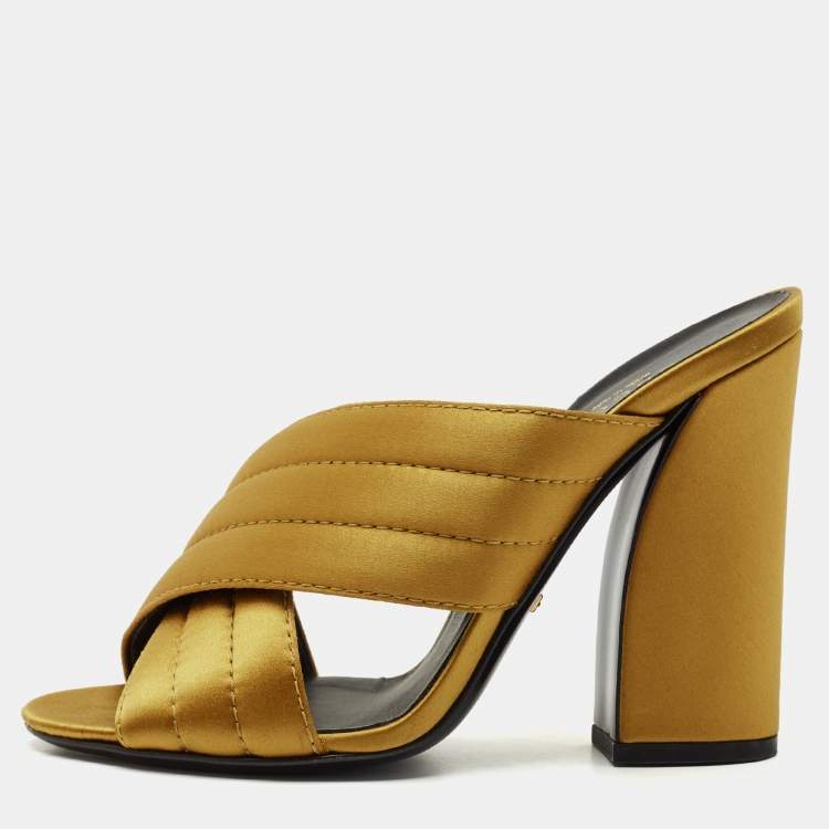 Gucci Mustard Yellow Quilted Satin Crisscross Block Heel Slide Sandals ...