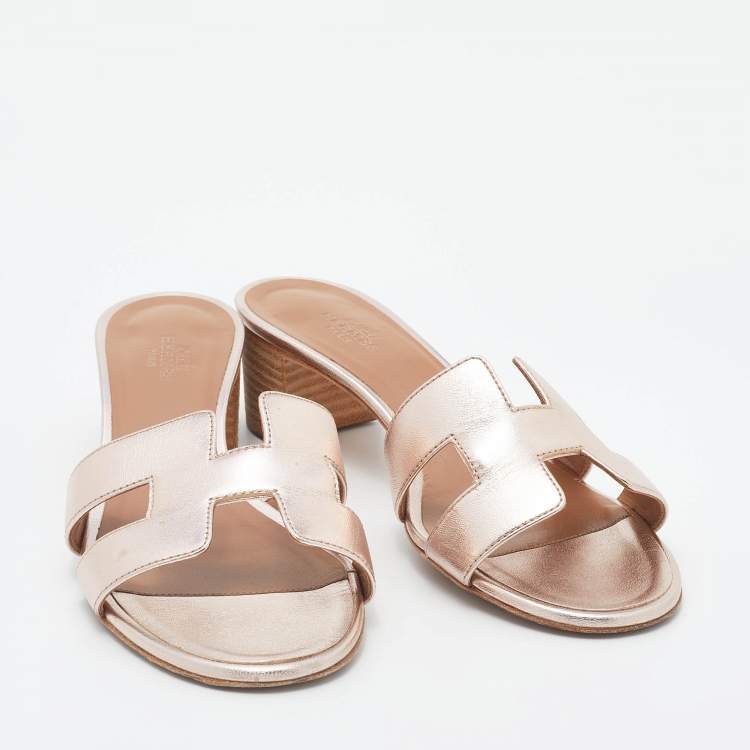 Hermes Metallic Rose Gold Leather Oasis Slide Sandals Size 37 Hermes ...
