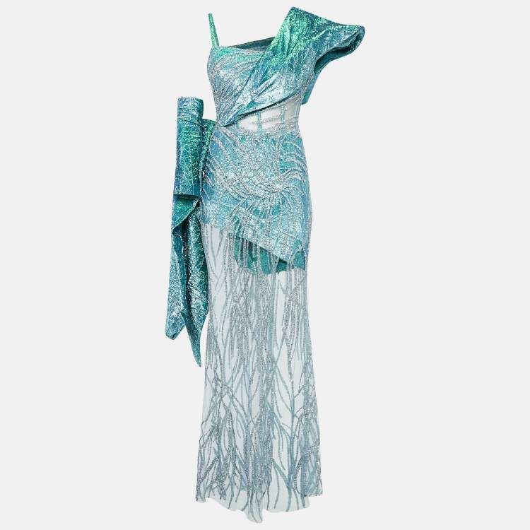 Ihlab Jiryis Mermaid Blue Sheer Embellished Tulle and Lurex Jacquard Asymmetric Gown S Ihab ...