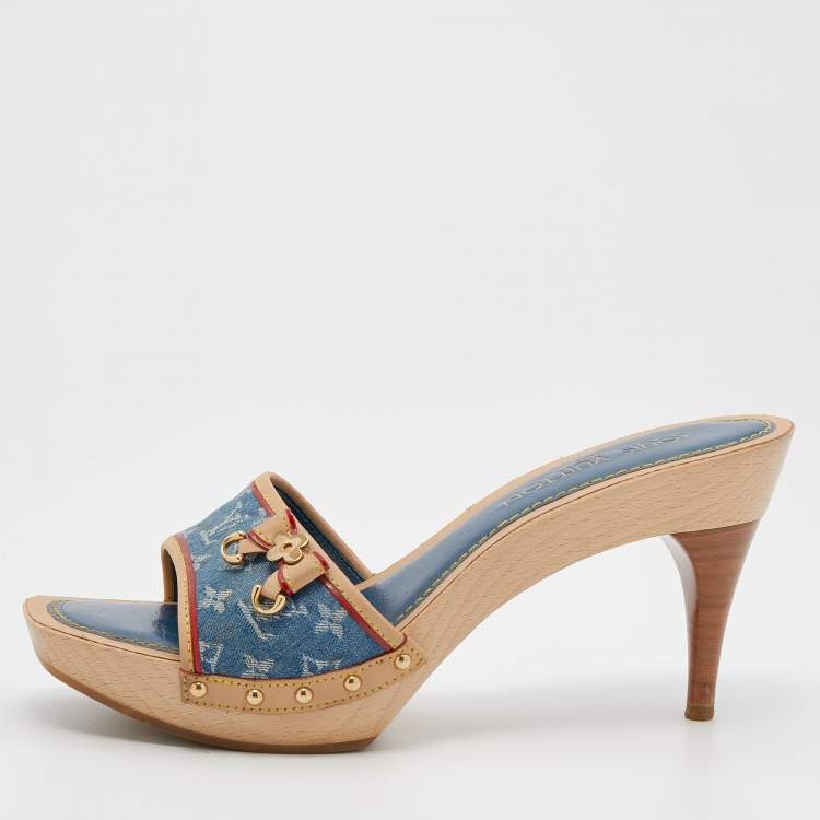 Louis Vuitton Blue Monogram Denim Bow Platform Slide Sandals Size 40 ...