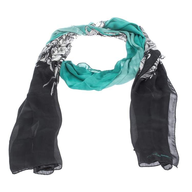 Roberto Cavalli Green & Black Floral Print Silk Stole Roberto Cavalli ...