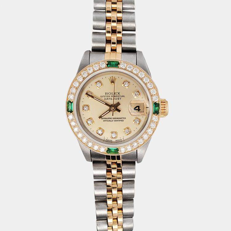 Rolex emerald diamond bezel champagne dial steel jubilee datejust ...