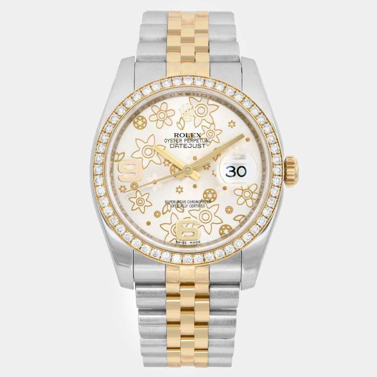 Rolex Floral Silver Diamonds 18k Yellow Gold Datejust 116243 Automatic ...