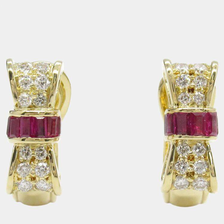 Tiffany & Co. Ribbon Motif Ruby Diamond Earrings 18k Yellow Gold Red ...