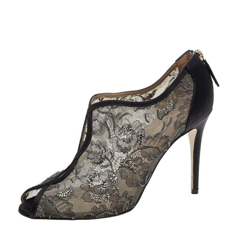 Valentino Black Lace Embellished Peep Toe Booties Size 42 Valentino ...
