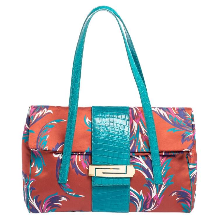 Versace Multicolor Floral Print Fabric and Croc Embossed Leather Flap ...