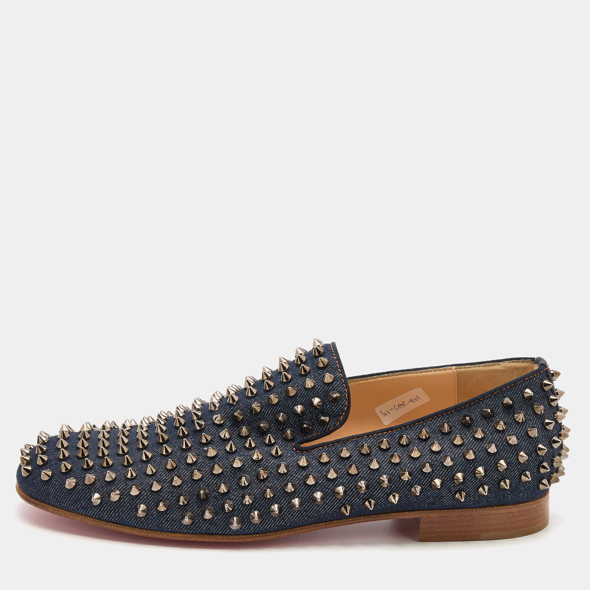 Christian Louboutin Navy Blue Denim Rollerball Spikes Smoking Slippers ...