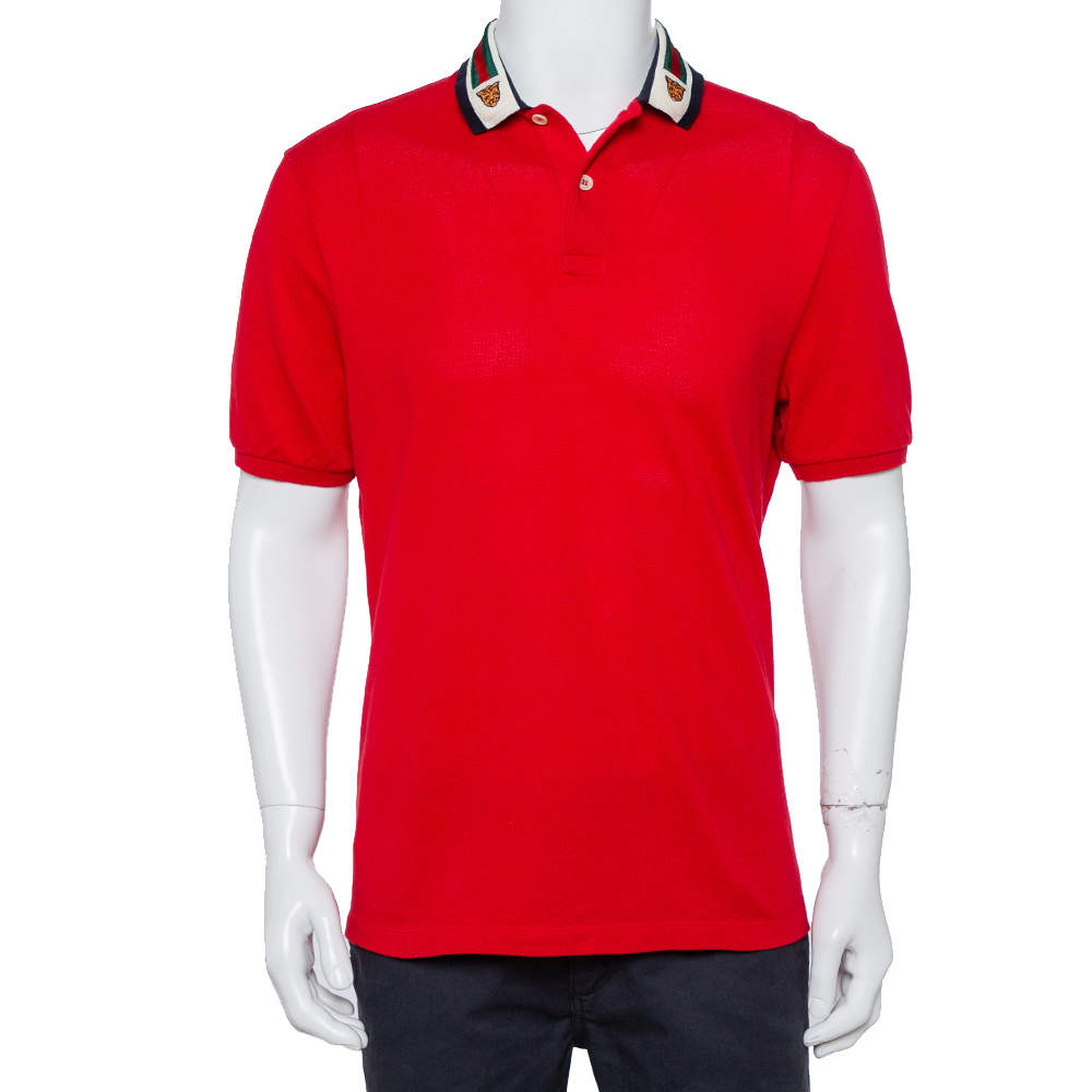 Gucci Red Cotton Pique Web & Feline Head Detail Polo T-Shirt XL Gucci ...