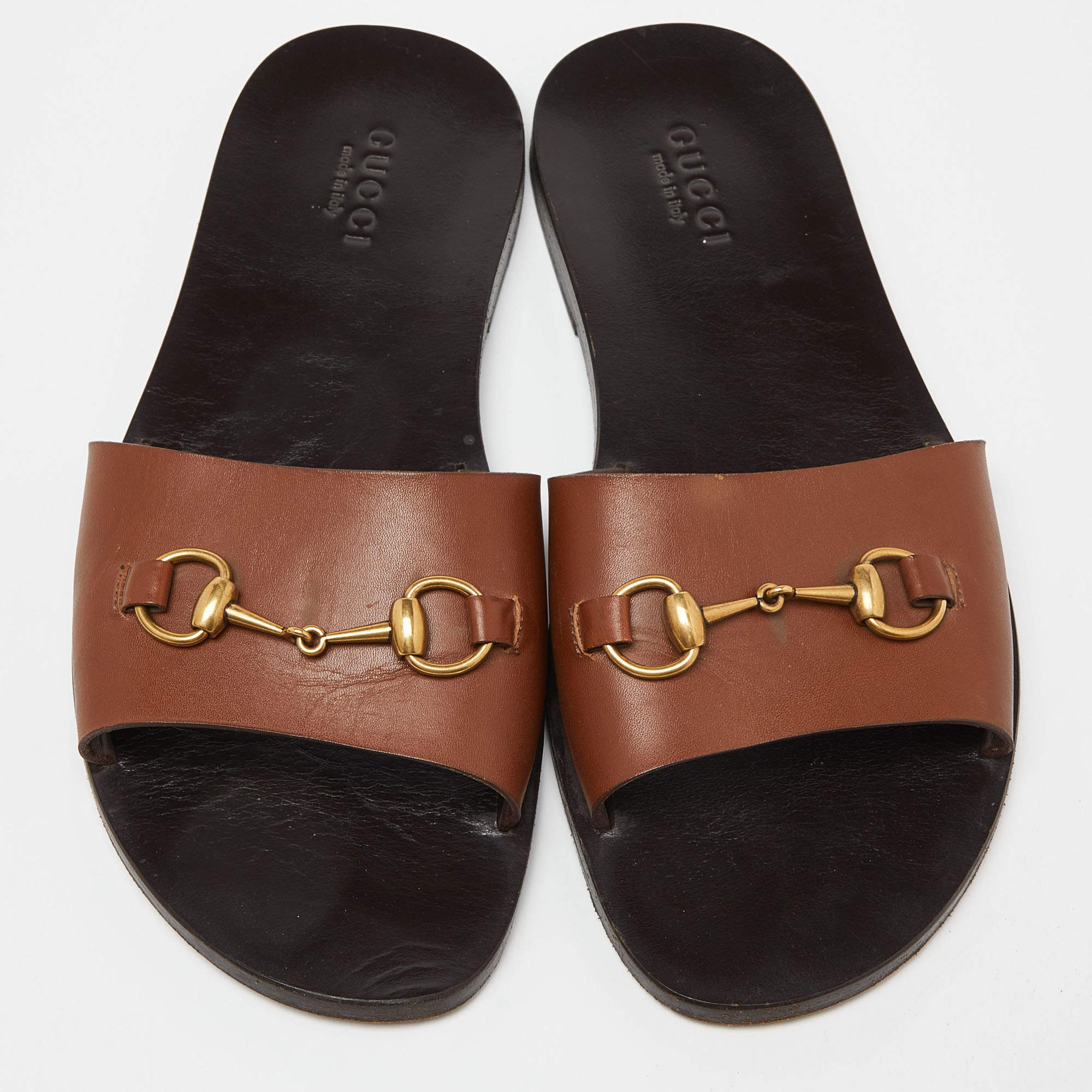Gucci Brown Leather Horsebit Toe Ring Thong Slide Sandals Size 43.5 Gucci TLC